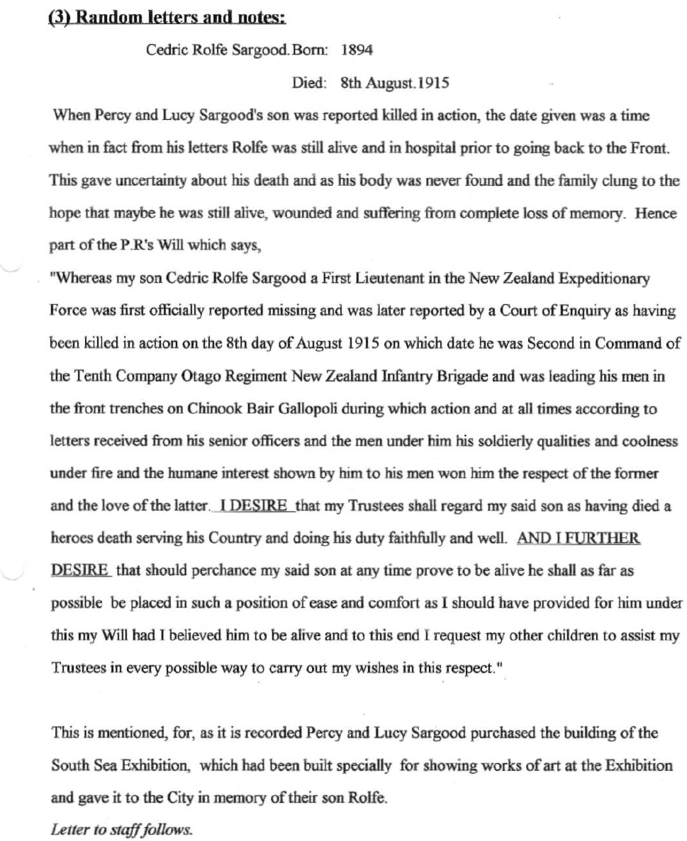 Cedric Rolfe Sargood Random Letters and Notes | History | First Lieutenant